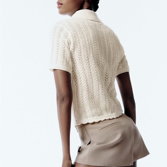 Zara | Tops | Zara Ecru Openwork Soft Polo Shirt | Poshmark